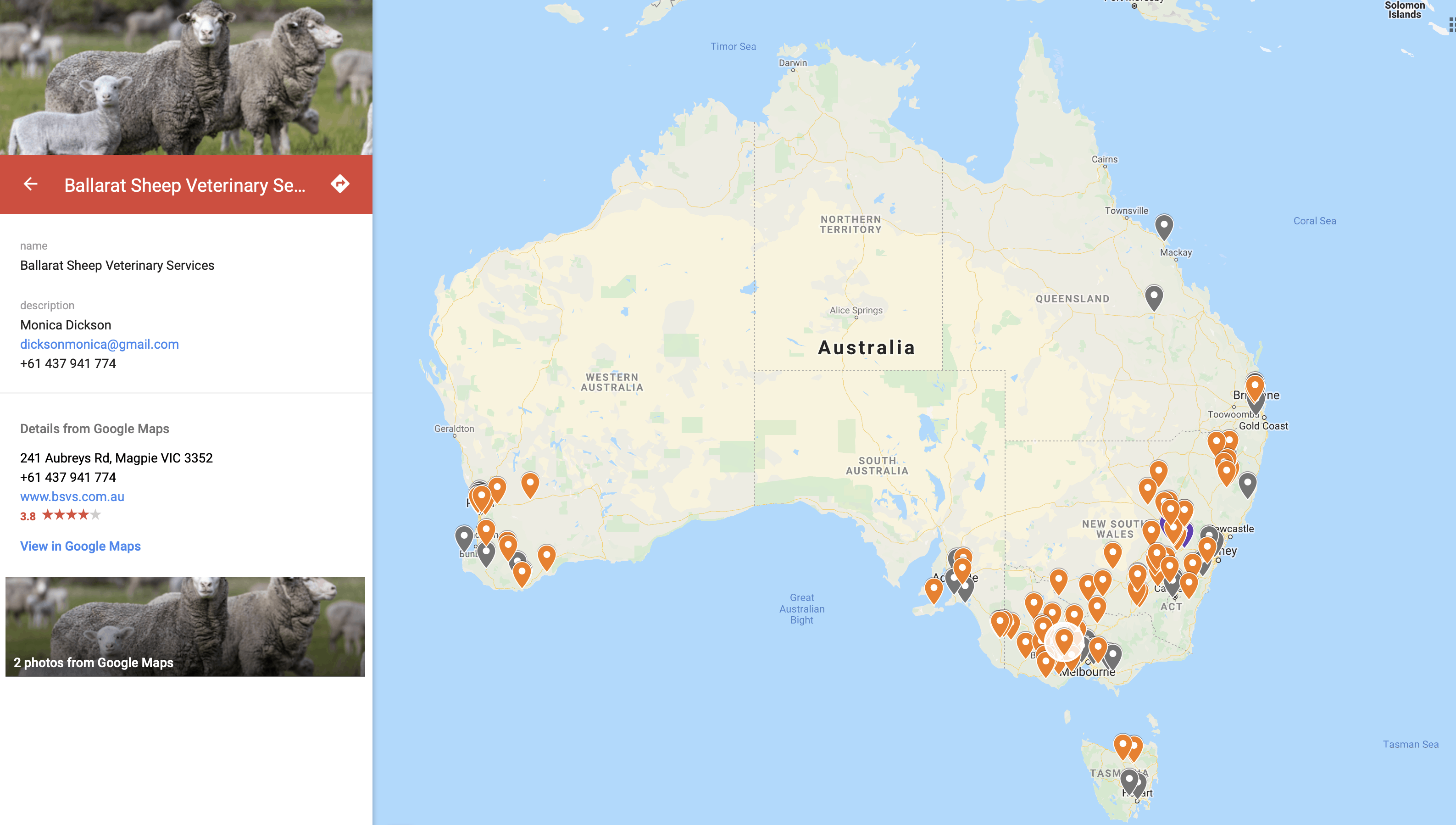 Map connecting Vets to Sheep Farmers for NumOcaine Supply - Numnuts